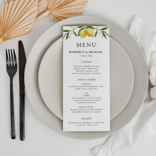 Painted lemons greenery foliage wedding menu | Zazzle