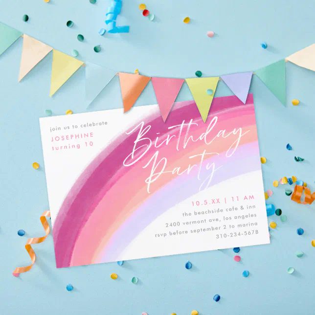 Painted Pastel Purple Rainbow Birthday Party Invitation | Zazzle