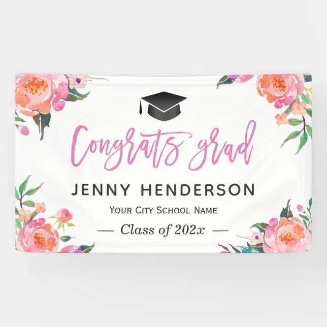 Painted Pink Floral Congrats Grad Graduation Party Banner | Zazzle