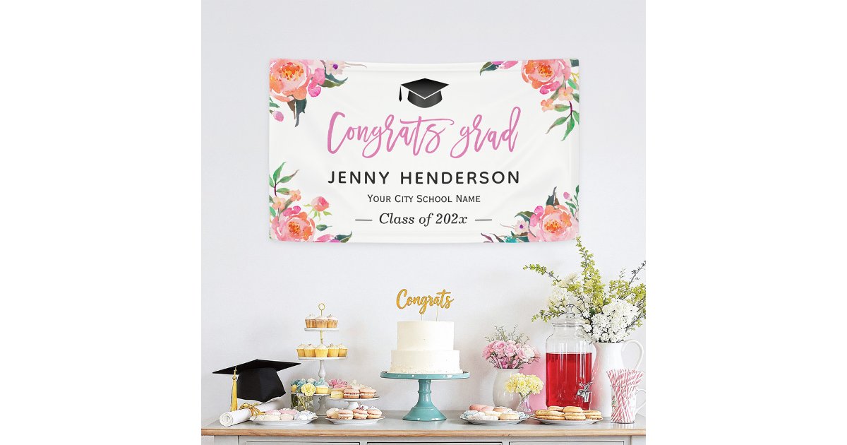 Painted Pink Floral Congrats Grad Graduation Party Banner | Zazzle