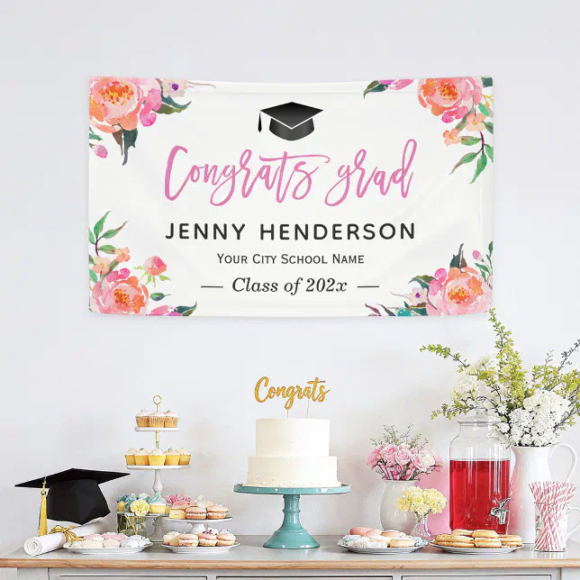 Painted Pink Floral Congrats Grad Graduation Party Banner | Zazzle