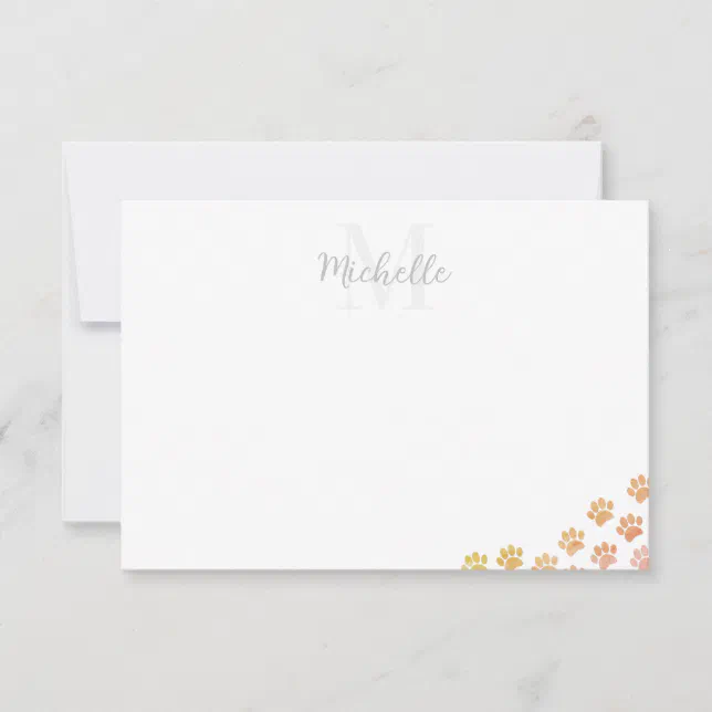 Painted Puppy Paw Prints Watercolor Custom Name Note Card | Zazzle