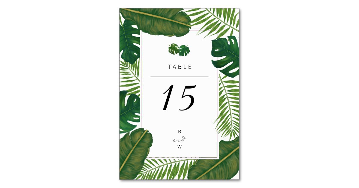 Painted Tropical Leaves Beach Wedding Table Number | Zazzle
