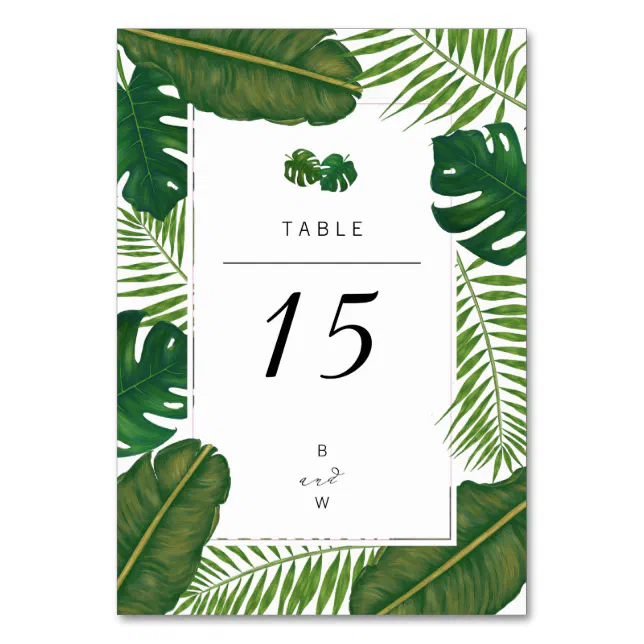 Painted Tropical Leaves Beach Wedding Table Number | Zazzle