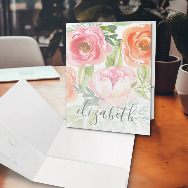 Painted Watercolor Floral Pattern Custom Name Pocket Folder | Zazzle