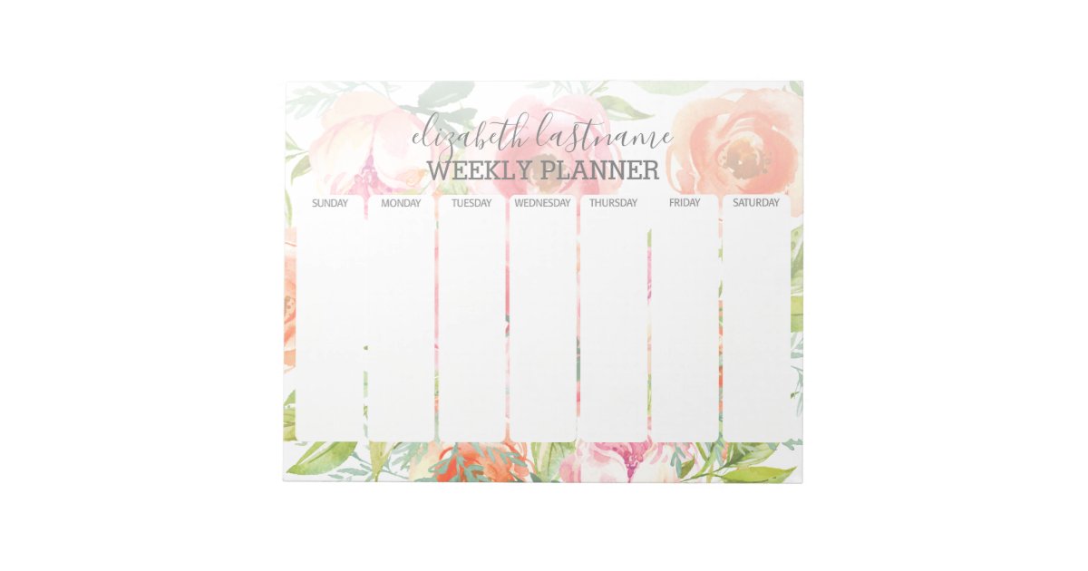 Painted Watercolor Floral Pattern Weekly Planner Notepad | Zazzle