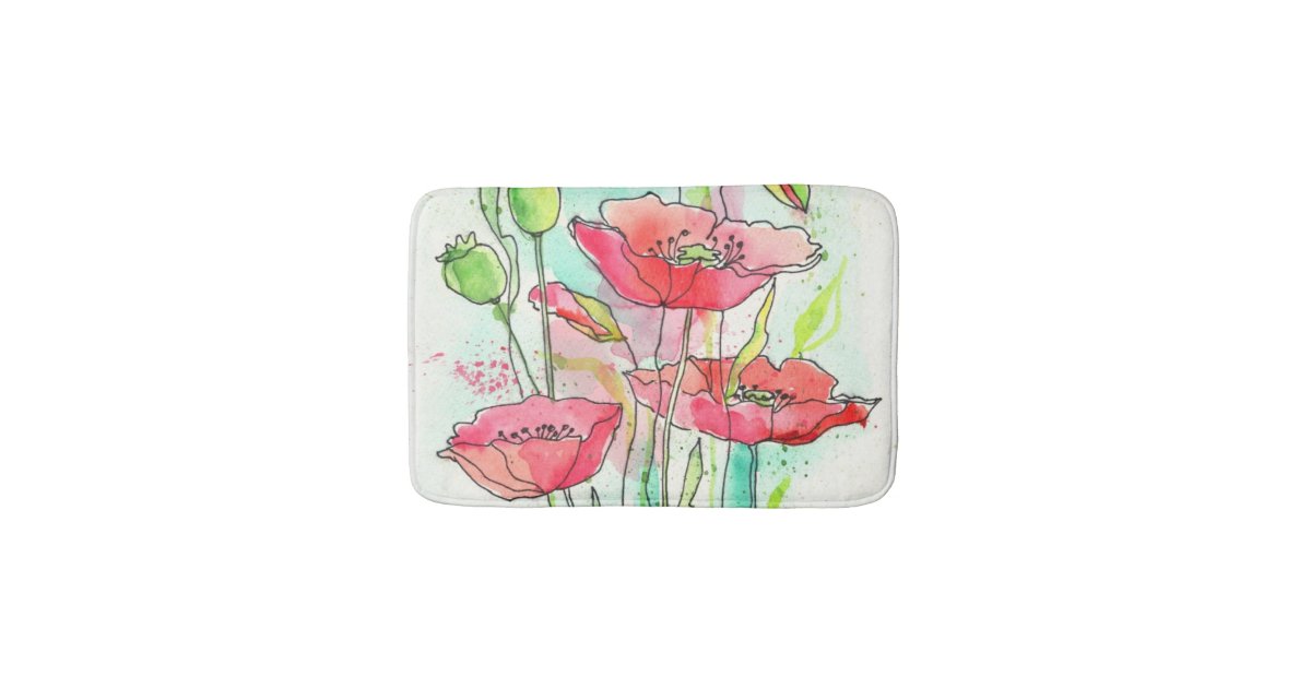 Painted watercolor poppies bath mat | Zazzle