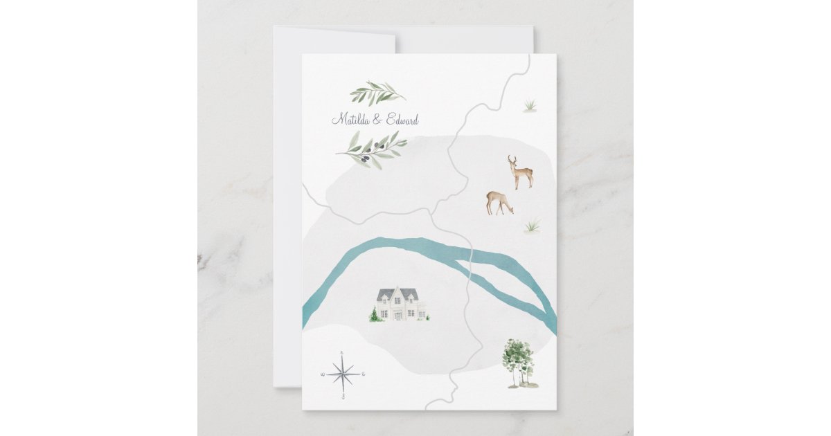 Painted watercolour wedding map invitation | Zazzle