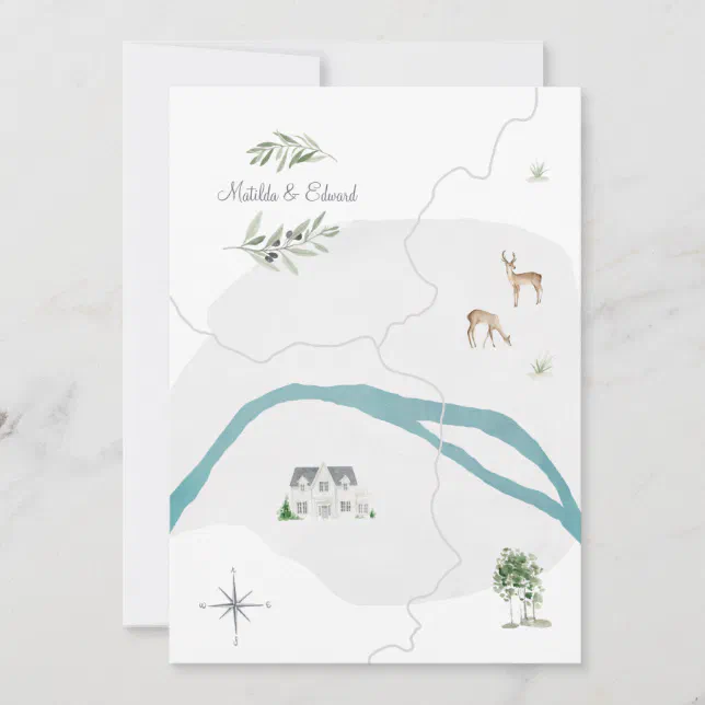Painted watercolour wedding map invitation | Zazzle