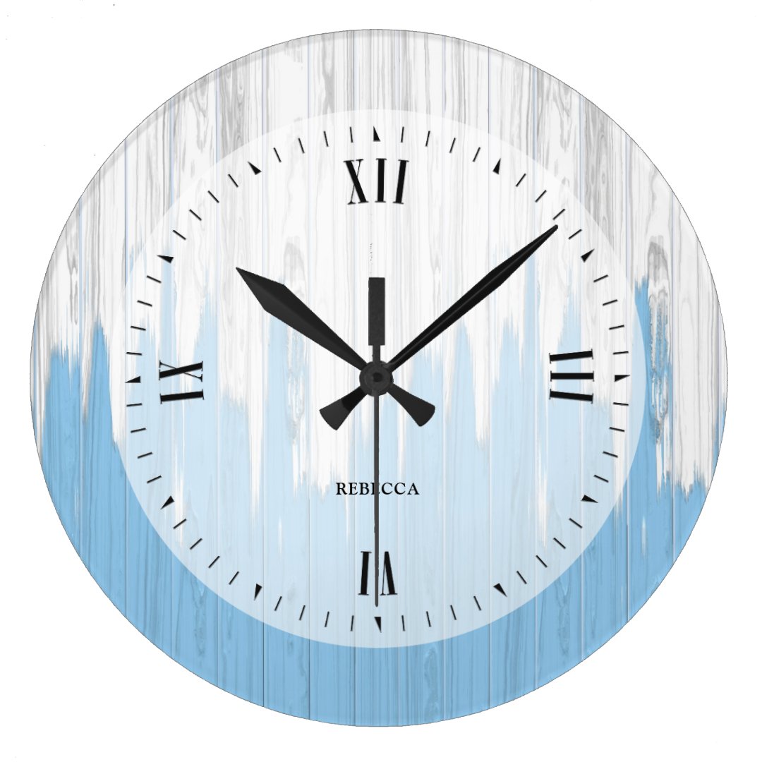 Painted white and blue wood texture large clock | Zazzle