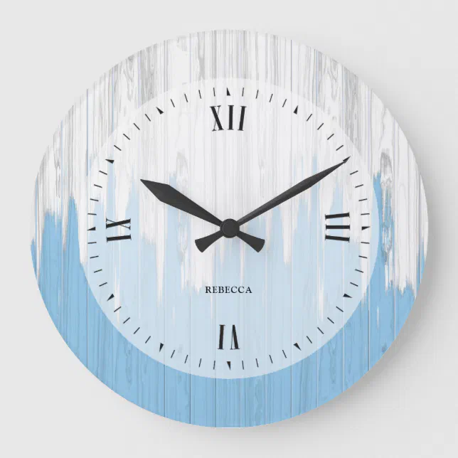 Painted white and blue wood texture large clock | Zazzle