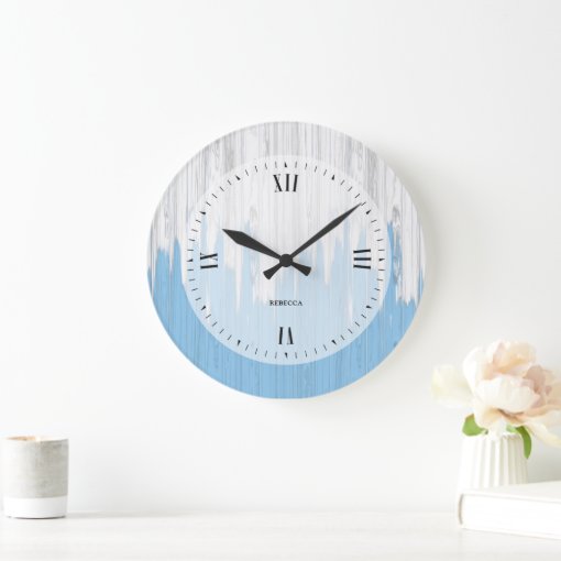 Painted white and blue wood texture large clock | Zazzle