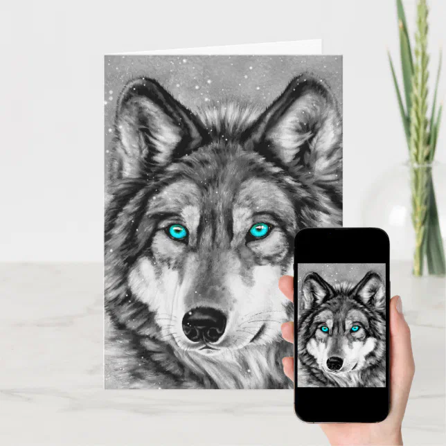 Painted Wolf Grayscale Christmas Card | Zazzle