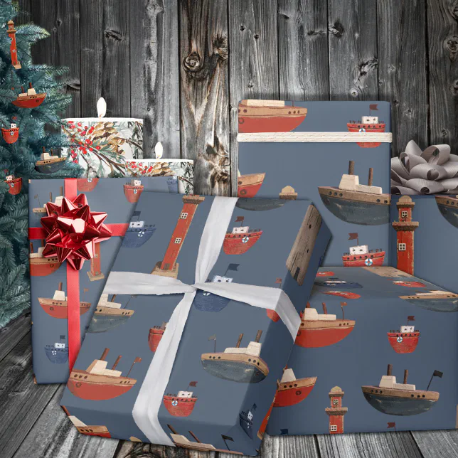 Painted Wooden Boats & Lighthouses Wrapping Paper | Zazzle