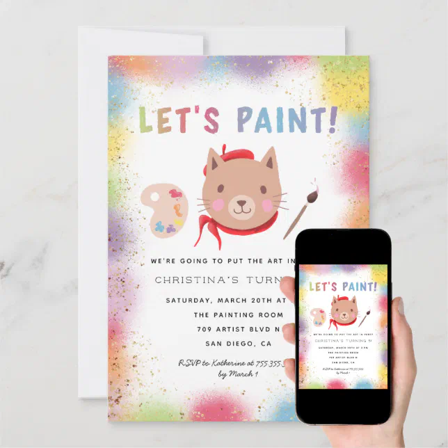 Painting Art Party Kids Birthday Kitty Cat Invitation | Zazzle