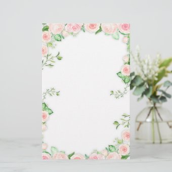 Painting Border of Sweet Pink Roses Stationery | Zazzle