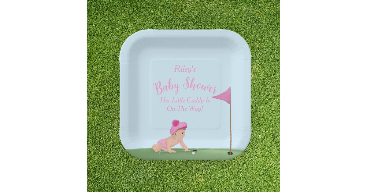 Painting Of Golf Baby Girl Sweet Caddy Baby Shower Paper Plates | Zazzle