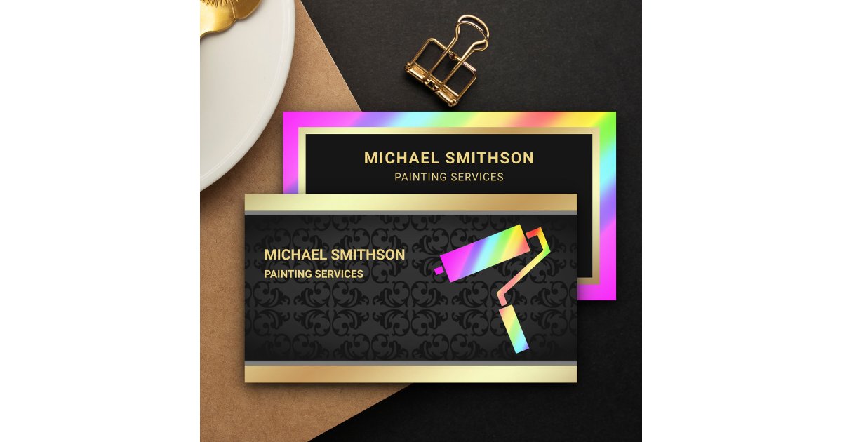 Painting Service Gold Rainbow Paint Roller Painter Business Card | Zazzle