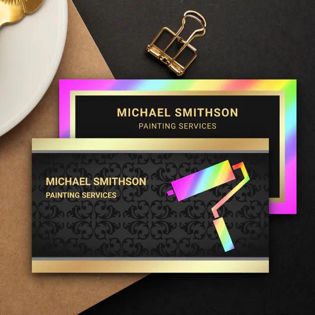 Painting Service Gold Rainbow Paint Roller Painter Business Card | Zazzle