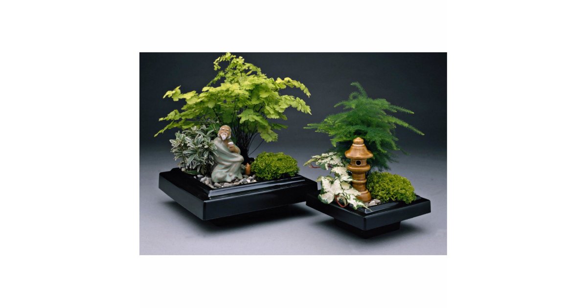 Pair of bonsai trees with ornamental figures statuette | Zazzle