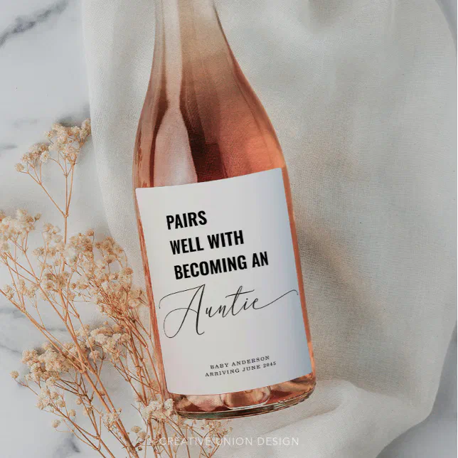 Pairs Well With Baby Announcement Auntie Wine Label | Zazzle
