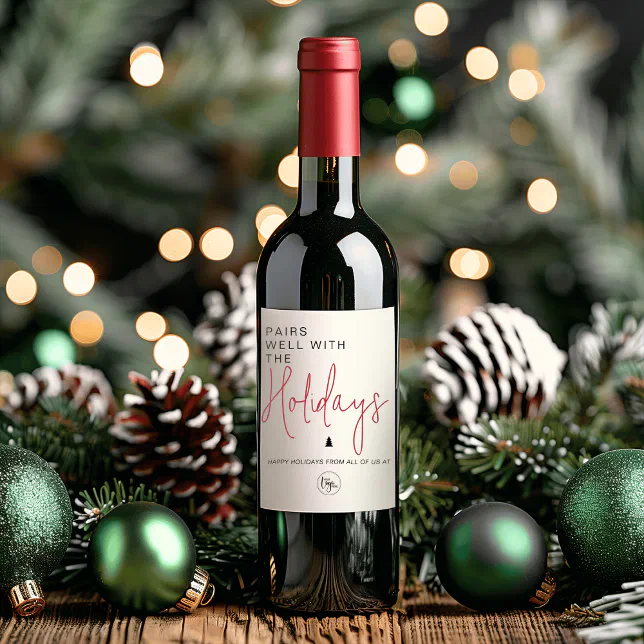 Pairs Well With The Holidays Add Business Logo Wine Label | Zazzle