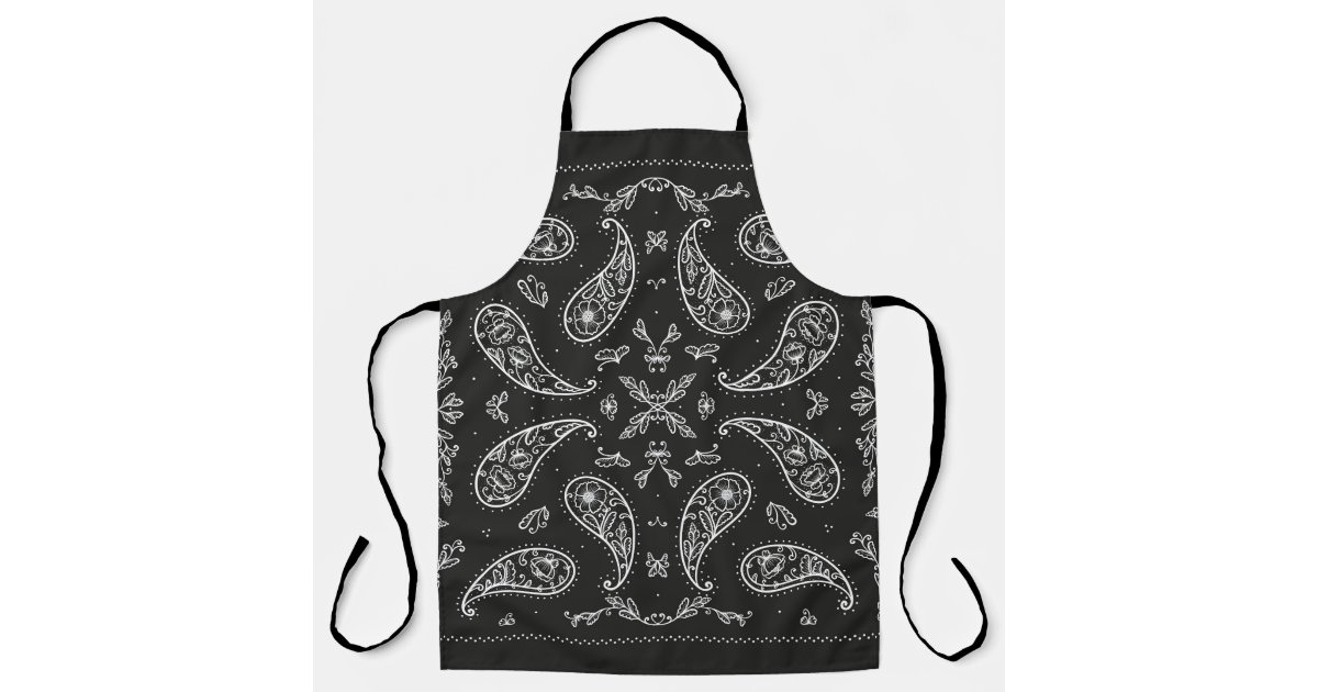 Paisley bandana: black and white print apron | Zazzle