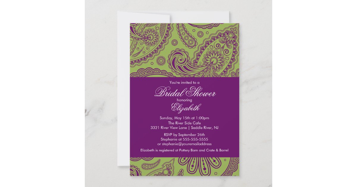 Paisley Bridal Shower Invitation Chartreuse Purple | Zazzle