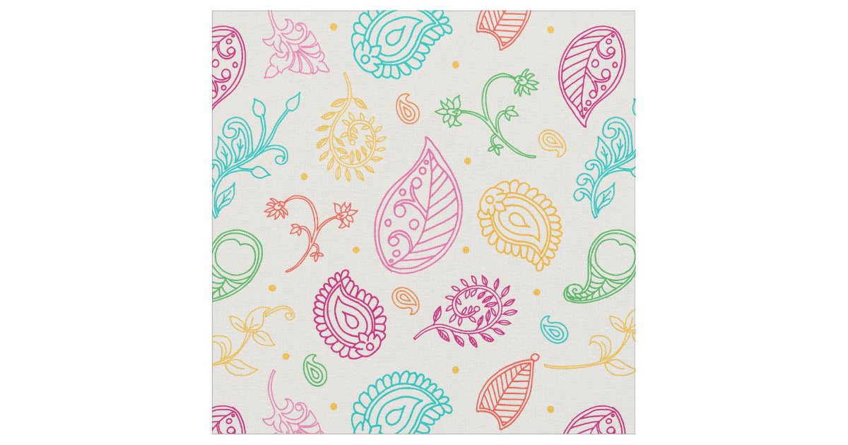 Paisley Bright Boho Folk Pattern on White Fabric | Zazzle