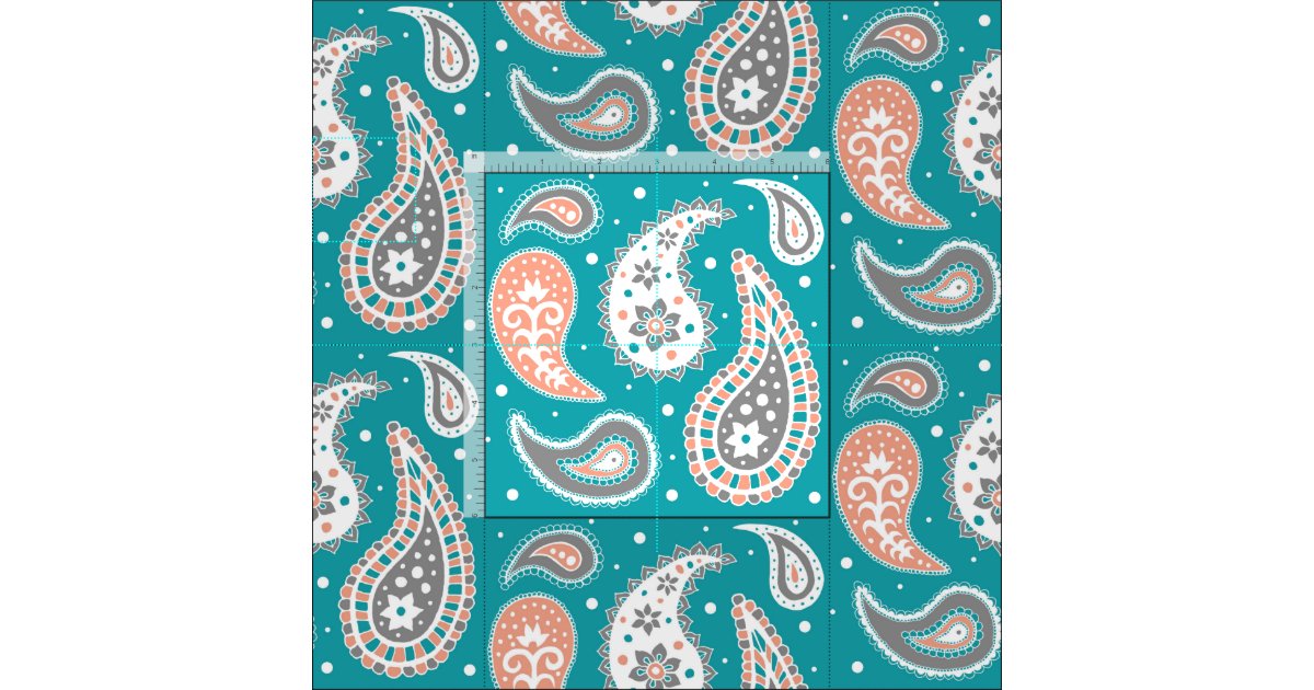 Paisley Pattern Coral Teal Grey Fabric | Zazzle