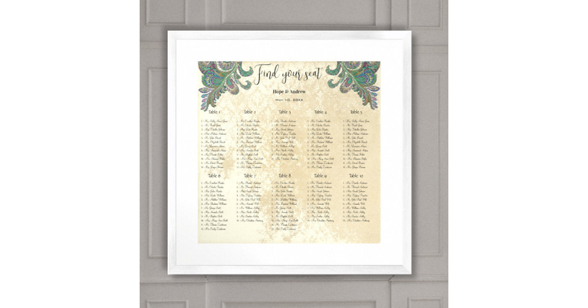 Paisley Peacock Blue Green Seating Chart 10 Tables | Zazzle