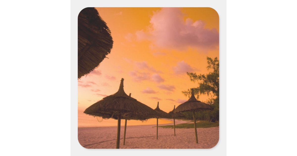 Palapa style beach huts at sunrise, Belle Mare 2 Square Sticker | Zazzle