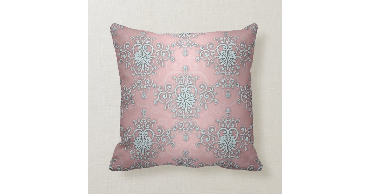 Pale Baby Blue and Pink Fancy Damask Pattern Throw Pillow | Zazzle.com