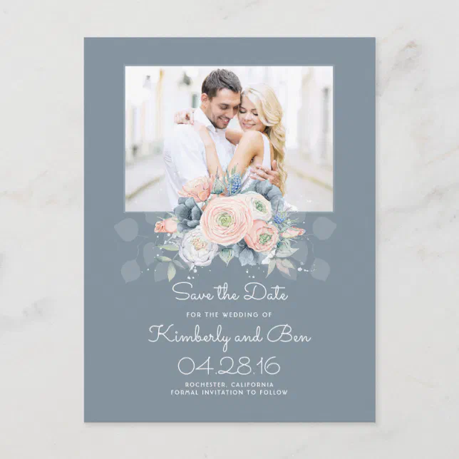 Pale Blue and Dusty Rose Floral Save the Date Announcement Postcard ...