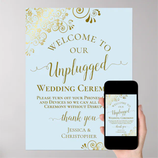 Pale Blue & Gold Unplugged Wedding Ceremony Poster | Zazzle