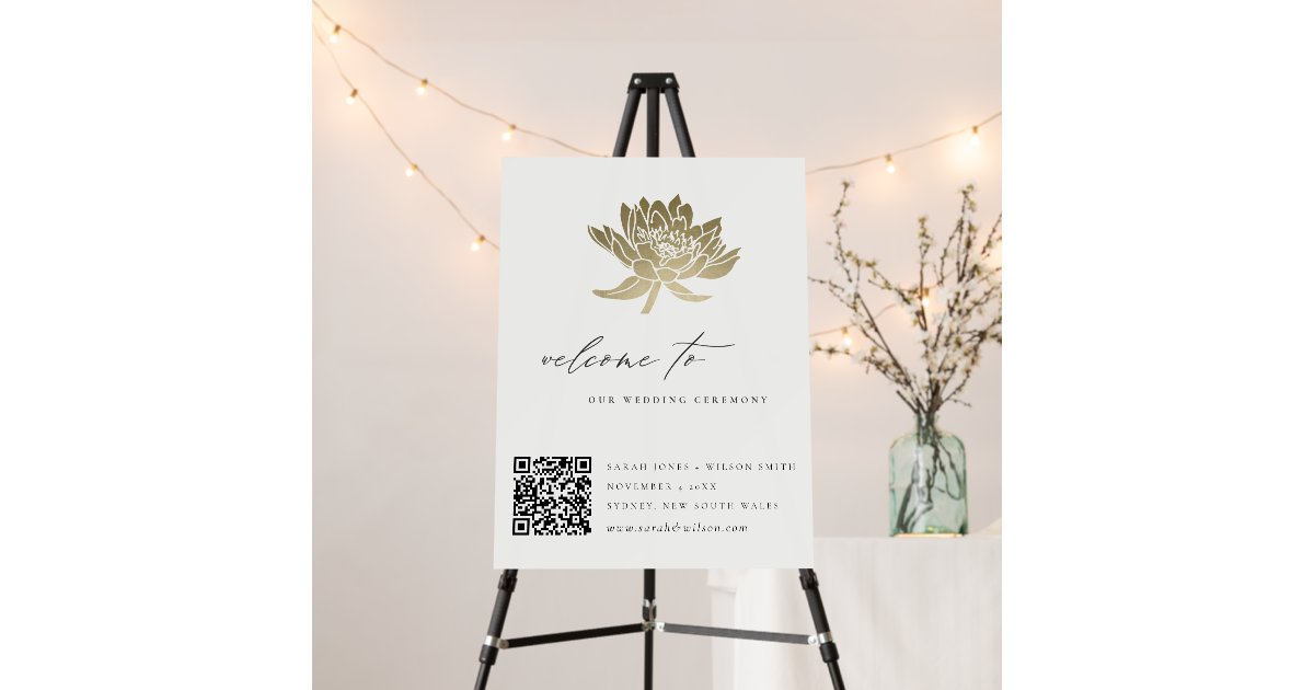 Pale Gold Lotus Floral Wedding Welcome QR Code Foam Board | Zazzle