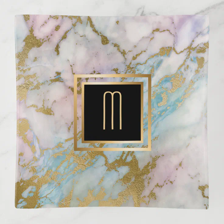Pale Marble Gold Turquoise Monogram Trinket Tray | Zazzle