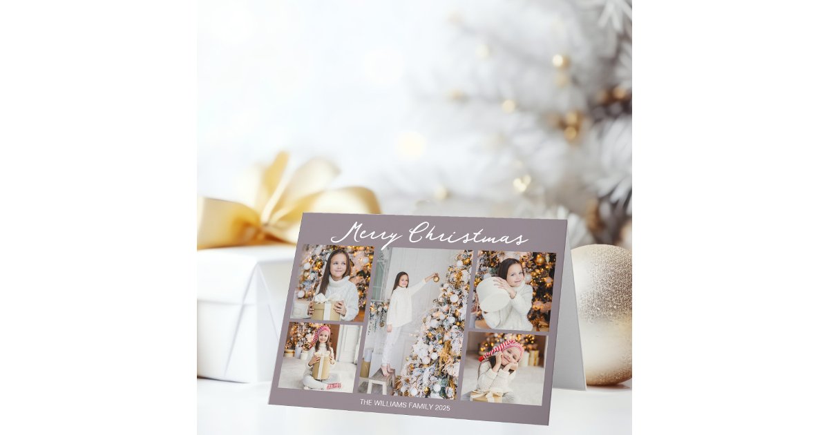 Pale Mauve Merry Christmas Photo Collage Trendy Holiday Card | Zazzle