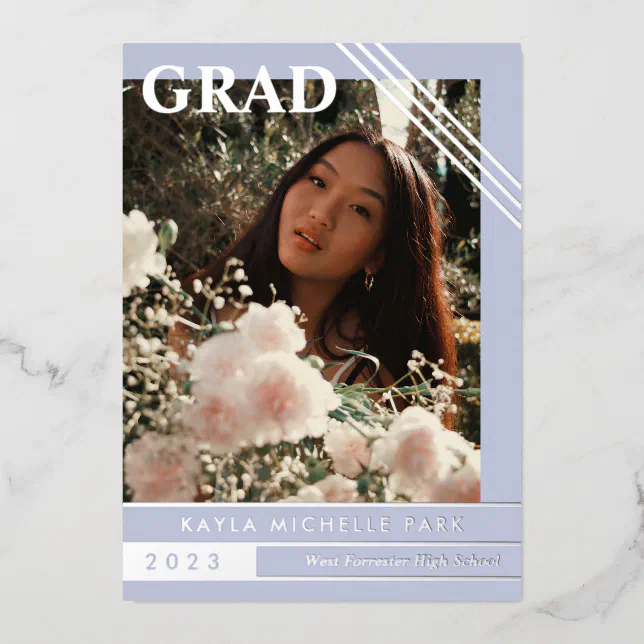 Pale Periwinkle Silver Lines Photo Graduation Foil Invitation | Zazzle