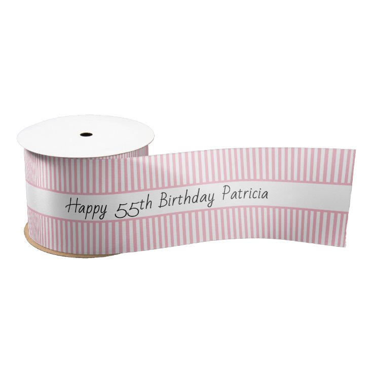 Pale Pink/White Stripe Pattern Happy Birthday Satin Ribbon | Zazzle