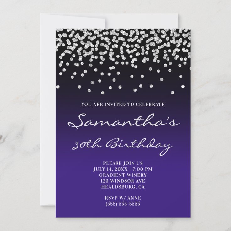 Pale Silver Glitter Confetti Black Indigo Gradient Invitation | Zazzle