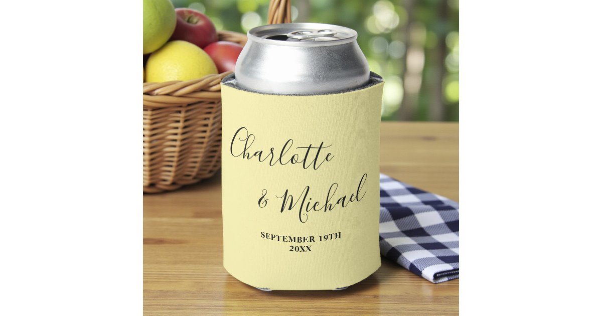 Pale Yellow Script Minimalist Wedding Can Cooler | Zazzle