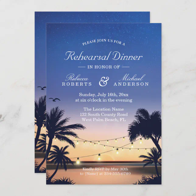 Palm Beach Sunset String Lights Rehearsal Dinner Invitation | Zazzle