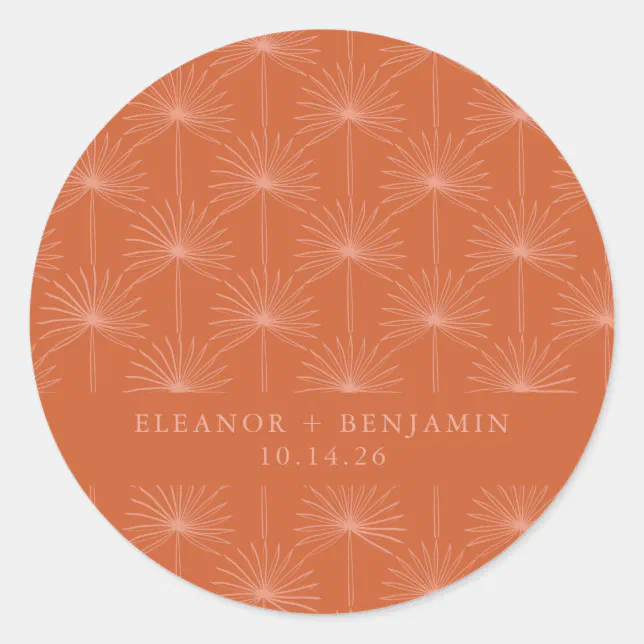 Palm Leaf Botanical Burnt Orange Custom Wedding Classic Round Sticker ...