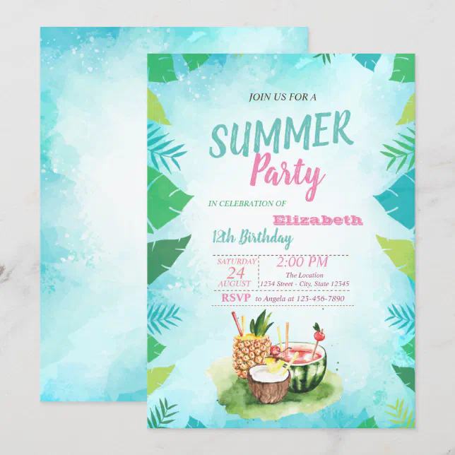 Palm Leaf,Tropical Fruits, Summer Birthday Party Invitation | Zazzle