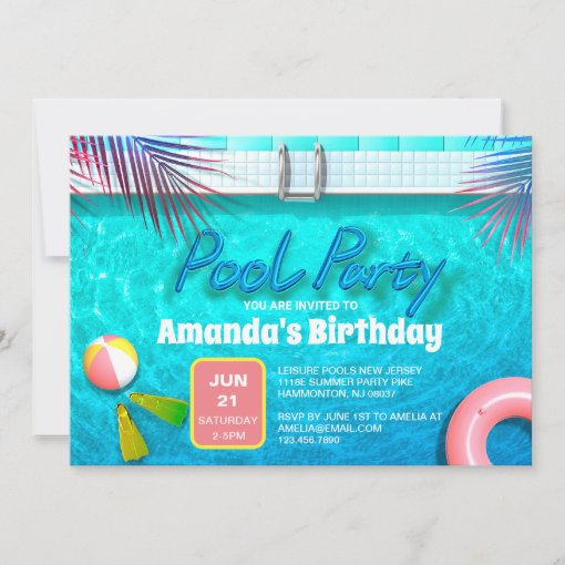 Palm Leaves & Summer Pool Party Kids Birthday Invitation | Zazzle