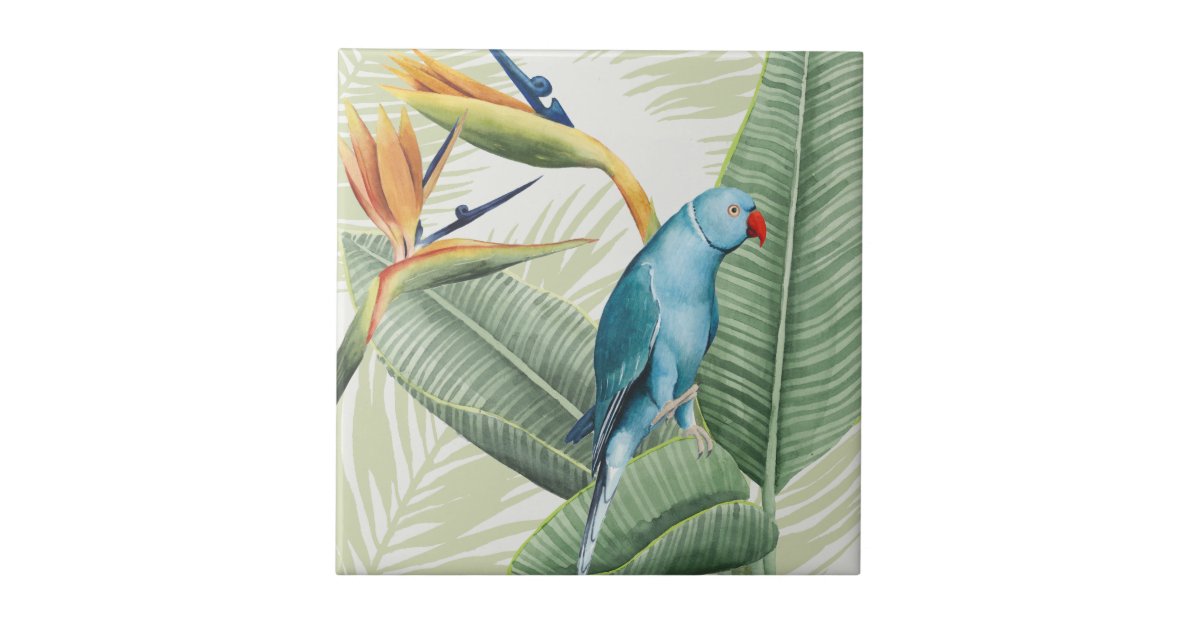 Palm Leaves With Blue Bird Ceramic Tile | Zazzle