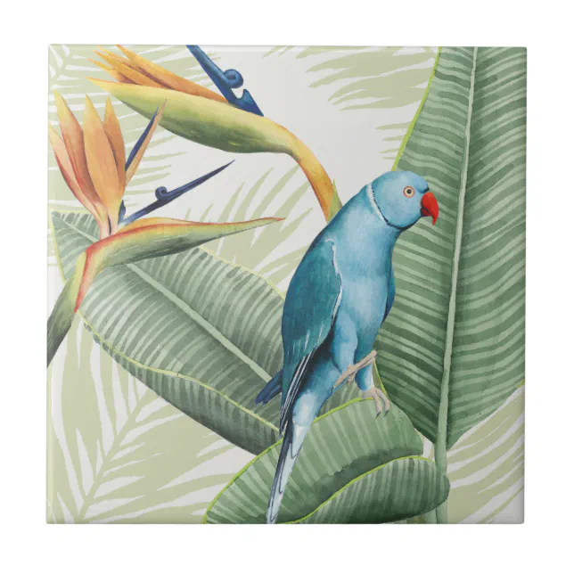Palm Leaves With Blue Bird Ceramic Tile | Zazzle