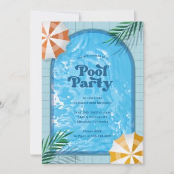 Palm Springs Pool Party Blue Adult Birthday Invitation | Zazzle