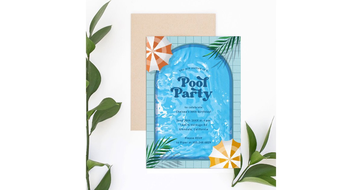 Palm Springs Pool Party Blue Adult Birthday Invitation | Zazzle